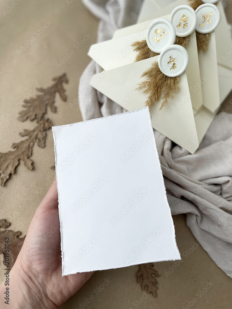 Wedding invitation card mockup. Blank postcard with ripped edges ...