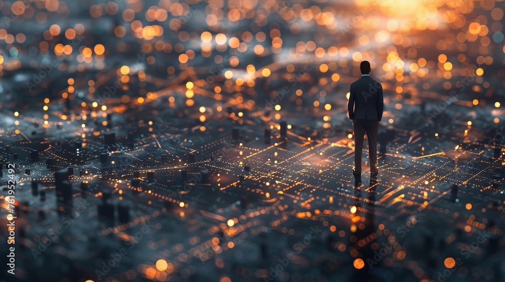 businessman is shown on a map of a smart city that incorporates big ...