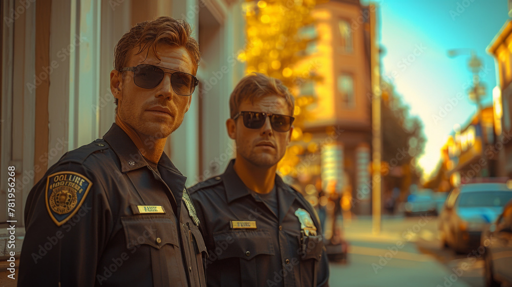 Kind police officers smiling standing near police station, ready to ...