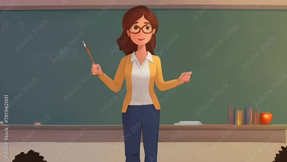 Cartoon 2D Female Teacher wearing glasses in front of blackboard, teach ...