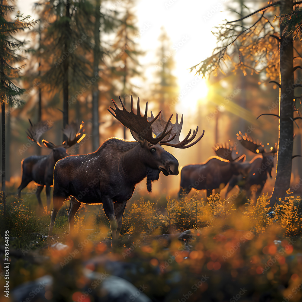 Moose family in the forest in summer evening with setting sun. Group of ...