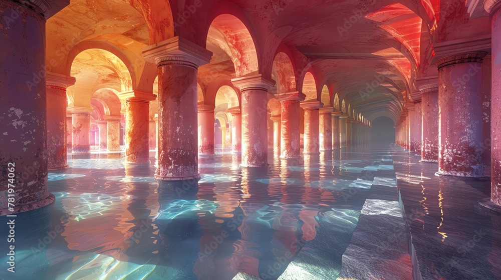 realistic painting of an underground flooded temple Stock Illustration ...