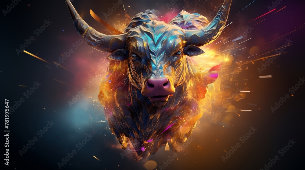 Design a digital CG 3D rendering of a majestic bull head bursting out ...