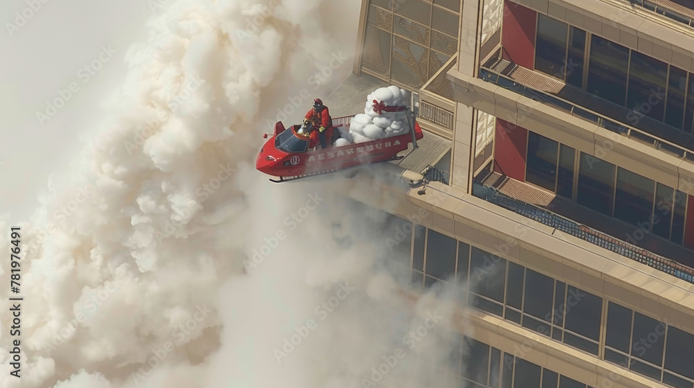 A red fire boat is seen in the air, with smoke and ash surrounding it ...