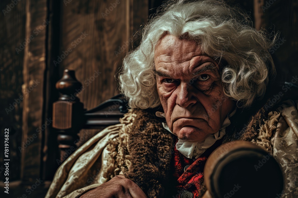 Grumpy Old Judge Face Closeup, Evil Judge with Hammer and Wig, Wicked ...