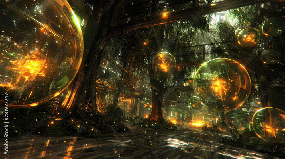 Ilustração do Stock: A forest with many glowing orbs. The orbs are all ...