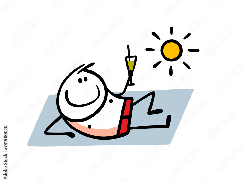 Satisfied stickman in swimming trunks is lying on beach in sun ...
