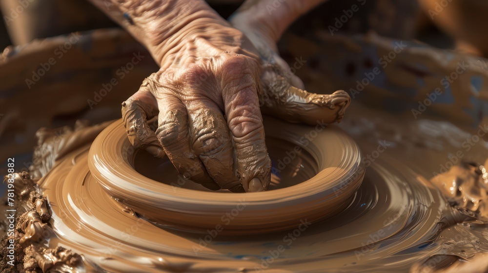The hands of a potter skillfully molding clay into a container. Making ...