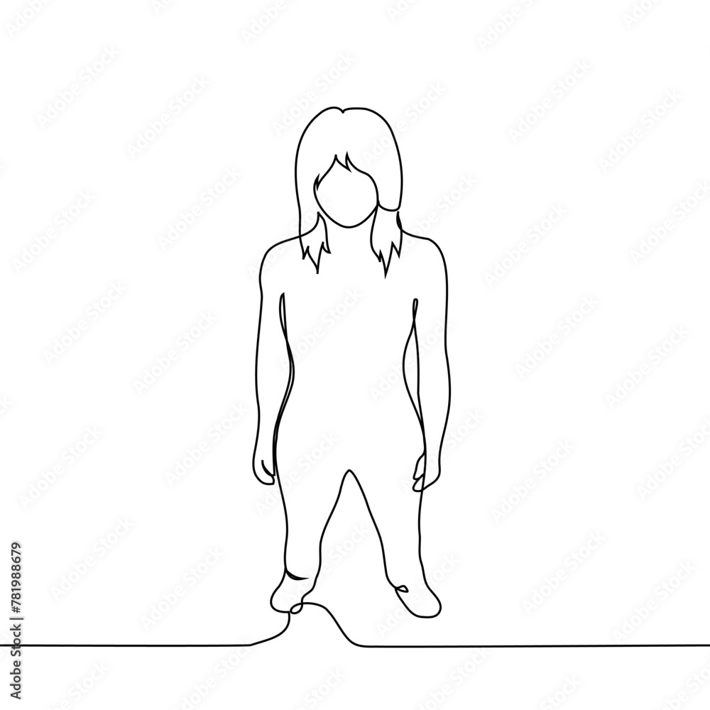 one woman stands at full height, top view - one line art vector ...