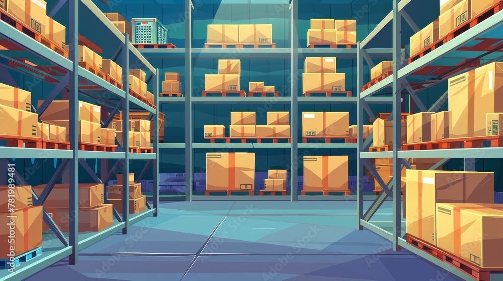 The interior of a warehouse is shown with cardboard boxes on metal ...