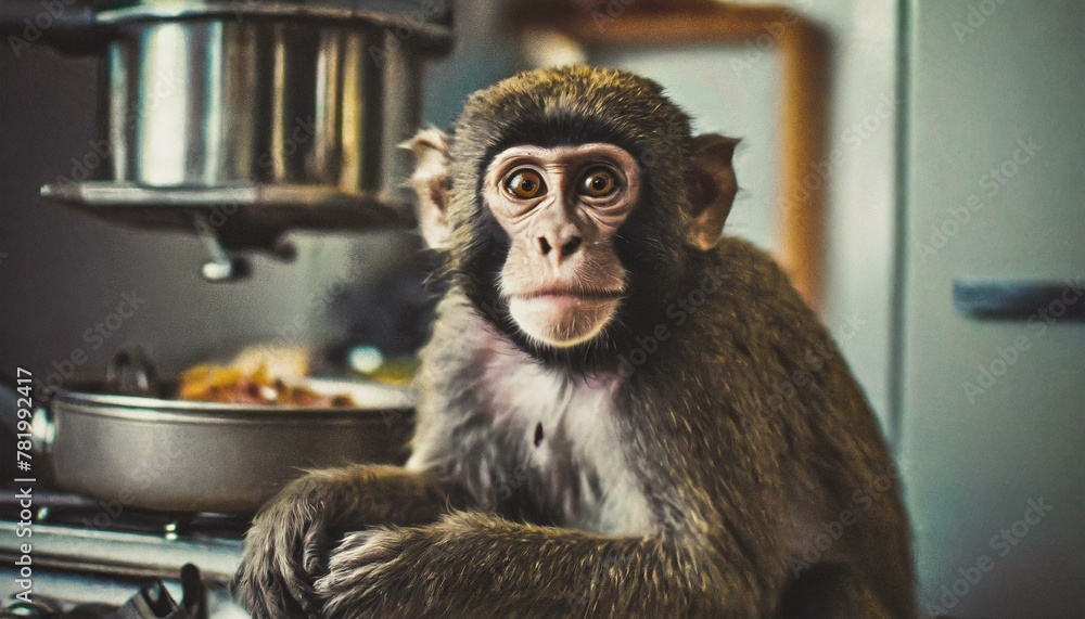 Adorable baby monkey sitting on the kitchen counter, gazing at the ...