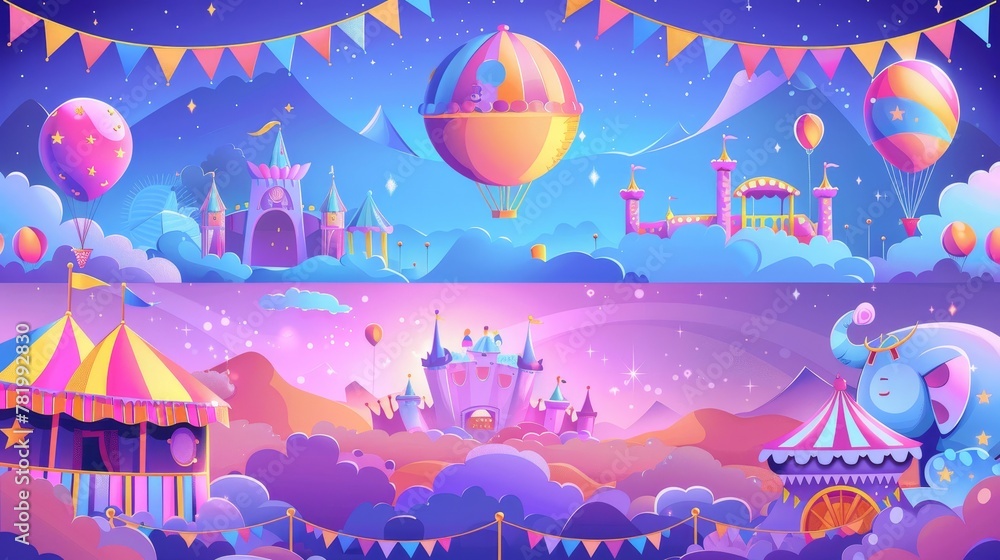 A modern cartoon set of festival flyers with illustrations of a circus ...