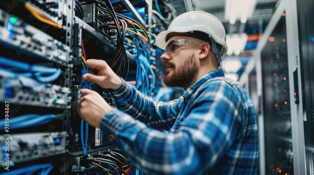 Technician installing network cables in a server rack using cable ...