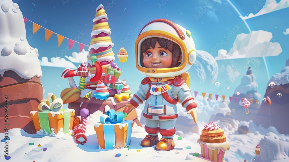 Cartoon illustration of a cute child astronaut on an alien planet with ...