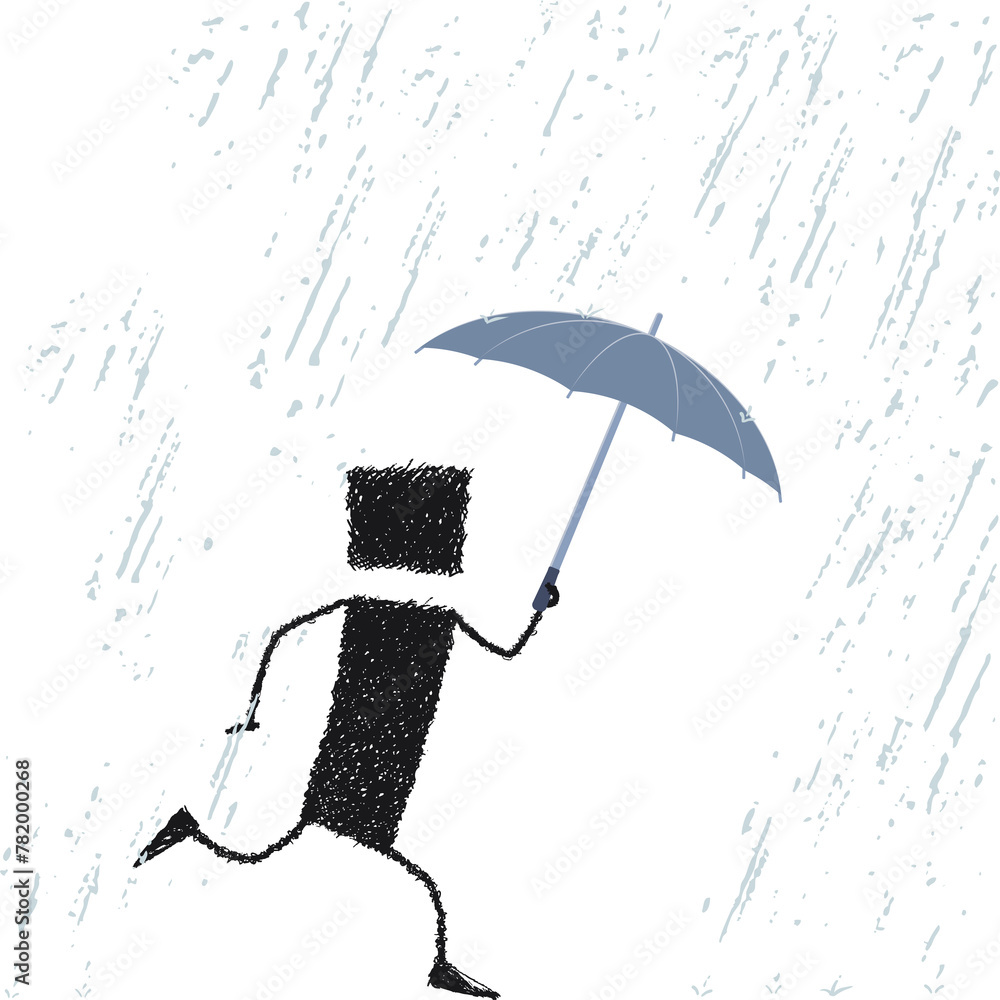 It is raining, stick figure. A stick figure walks in the rain protected ...