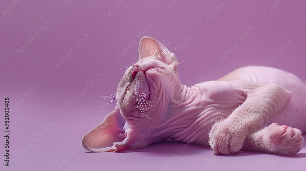 Sphynx (Canadian hairless) hairless cat lying on his back, full body ...