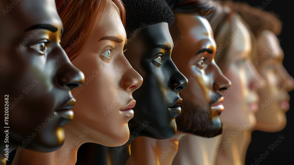 A group of people with different skin tones are shown in a row. Concept ...