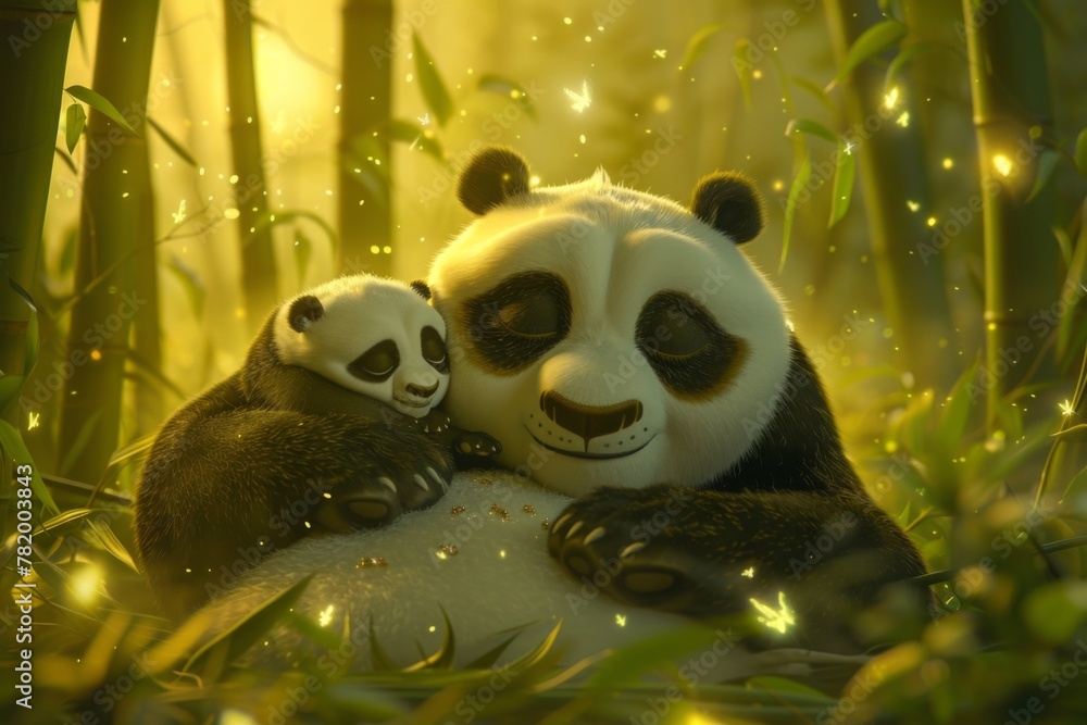 baby panda cuddled together under a bamboo canopy, with animated ...