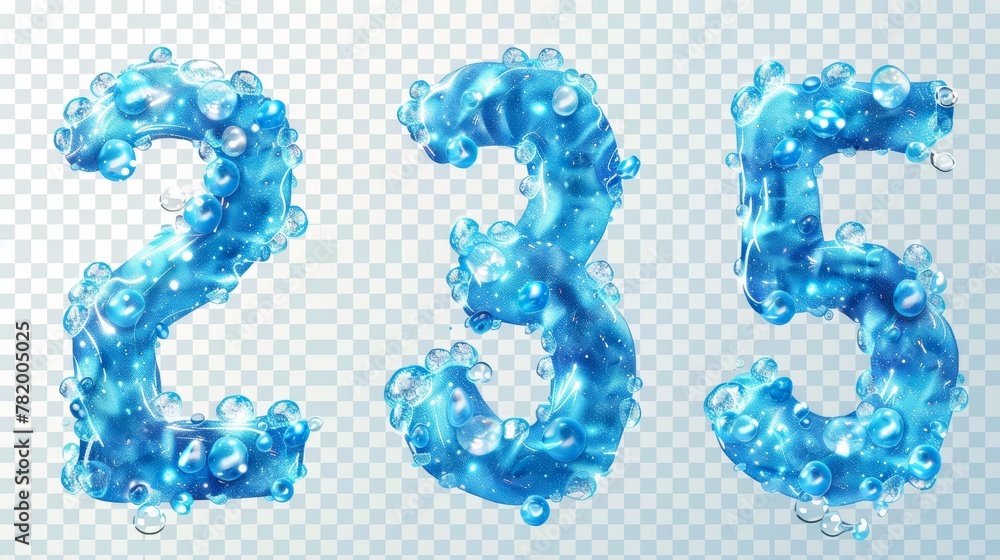 A modern realistic set of water fonts with blue bubbles in the shapes ...