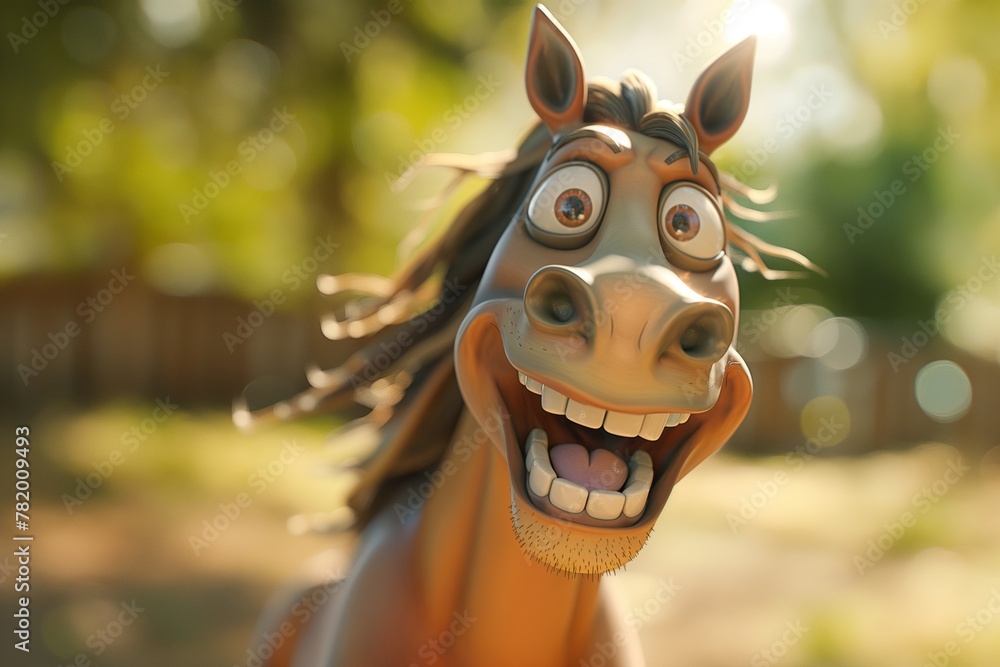 A cute laughing horse, in an animated 3D cartoon style, with big eyes ...