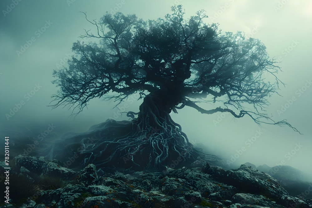 Enigmatic Mist-Enshrouded Tree with Entwined Roots. Concept Nature ...