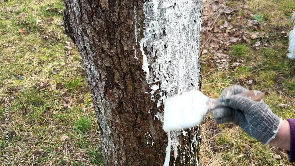 Close-up whitewashing an old apple tree with a brush. Limewash painted ...