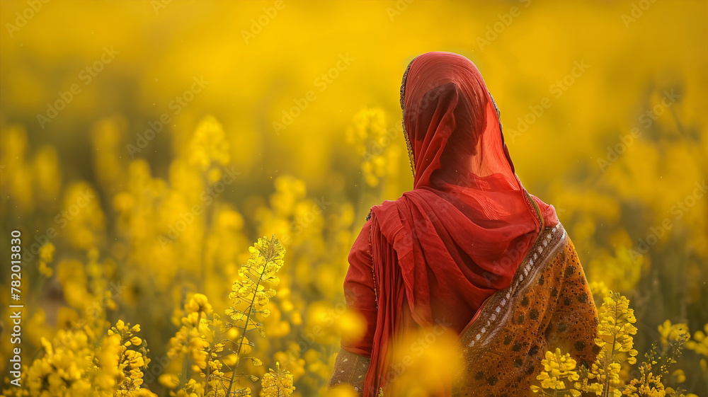 Backside view of an indian woman standing in a yellow mustard flower ...