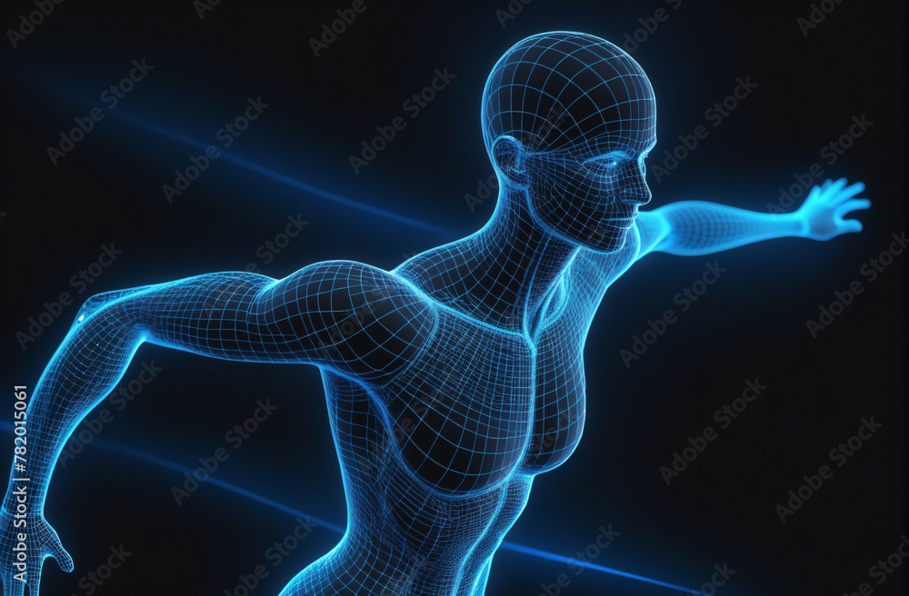 3D wireframe model, human figure, glowing outline, black background ...