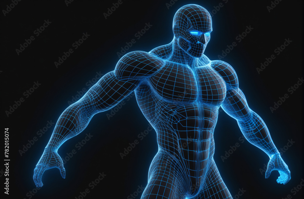 3D wireframe model, human figure, glowing outline, black background ...