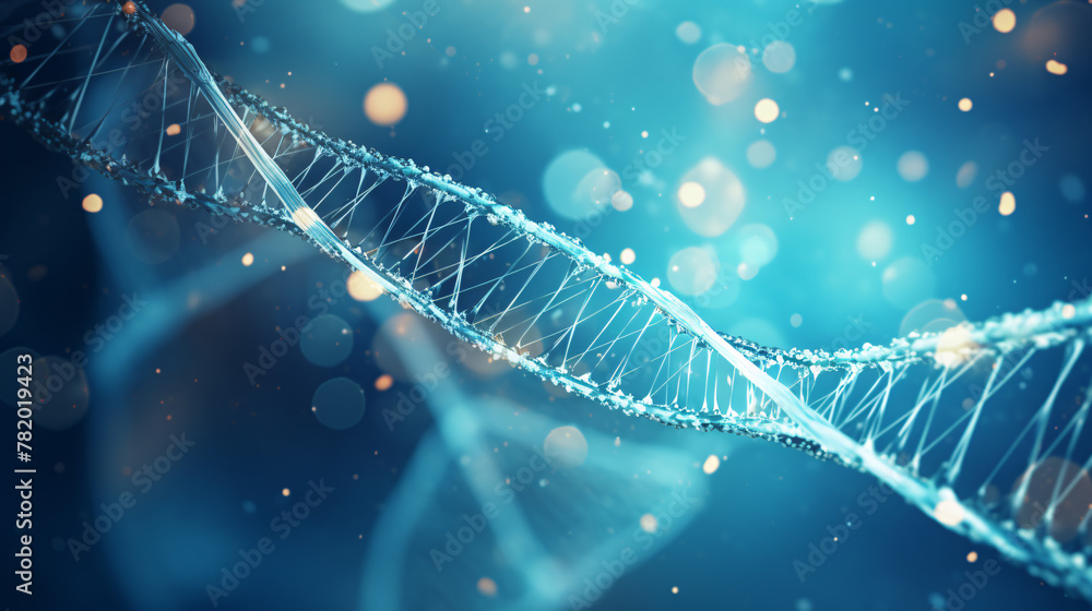 Blue double helix DNA structure on dark blue background with bokeh ...