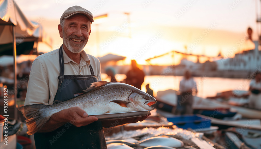 Young fishmonger with fresh catch fish market. Healthy seafood concept ...
