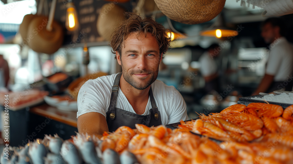 Young fishmonger with fresh catch fish market. Healthy seafood concept ...