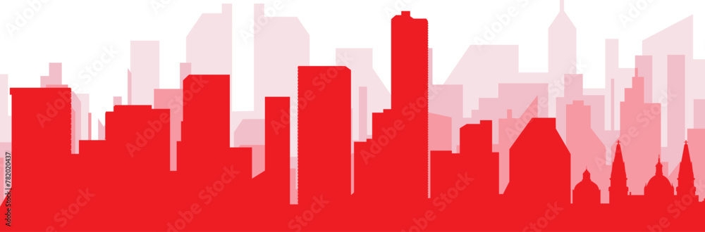 Red panoramic city skyline poster with reddish misty transparent ...