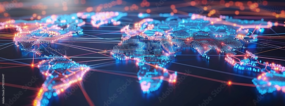 High tech digital world map with glowing connections between countries ...