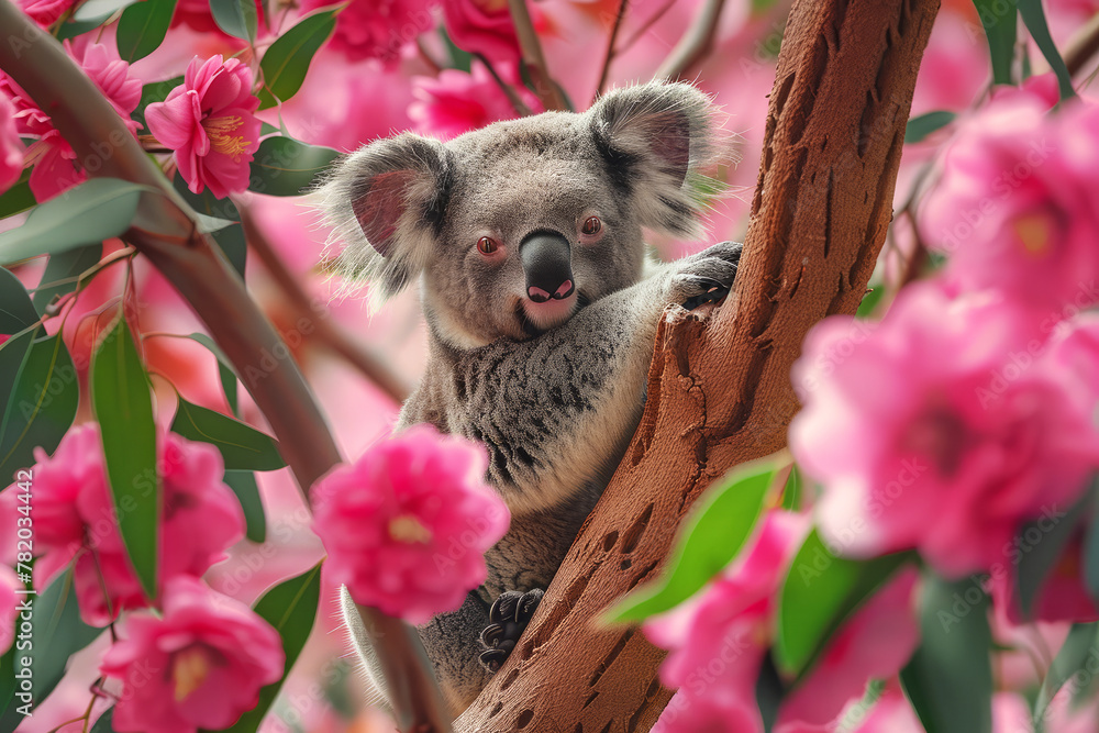 A koala is sitting on a tree branch with pink flowers in the background ...
