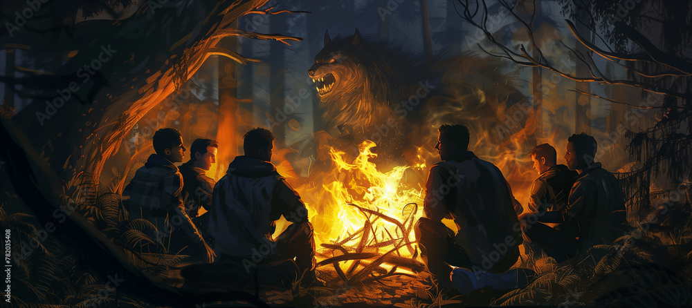 Young school boys telling scary campfire stories with a werewolf ...