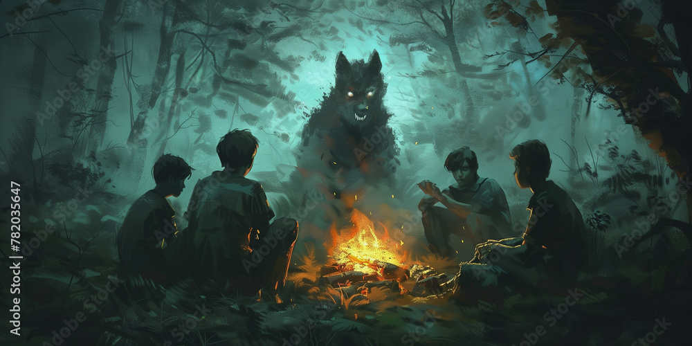 Young school boys telling scary campfire stories with a werewolf ...