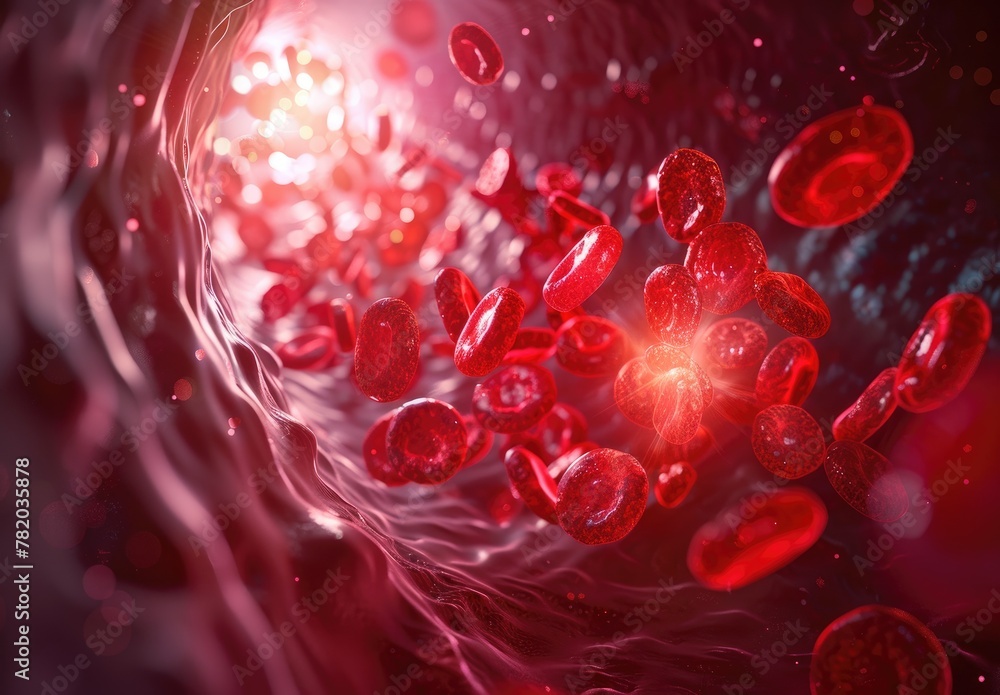Digitally rendered image capturing red blood cells as they stream ...
