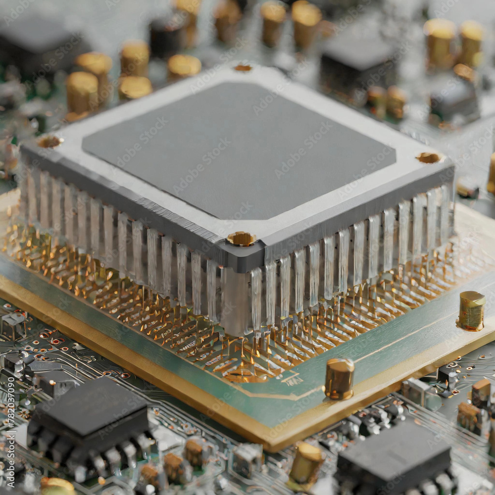 3d computer chip with blank space, realistic quantum cpu processor with gold circuit render ...
