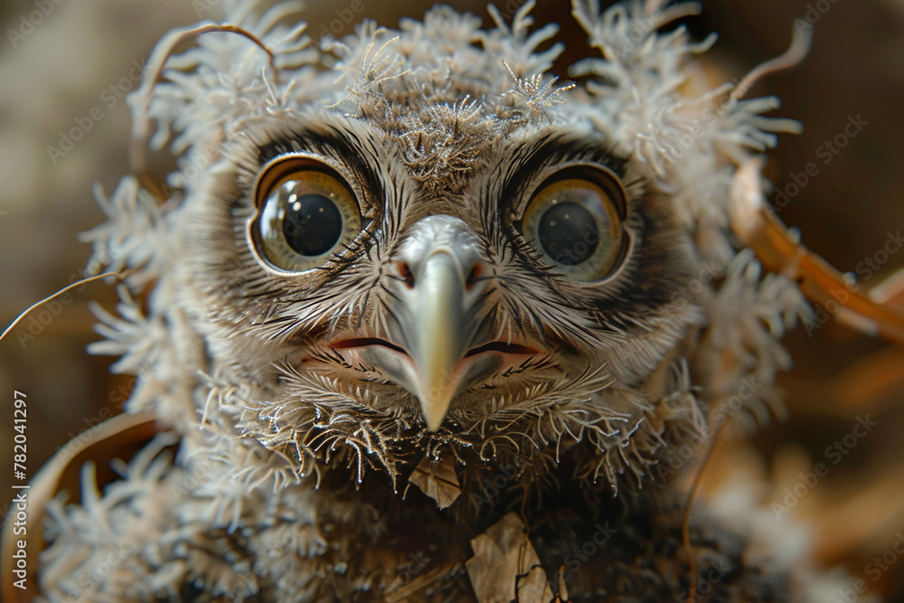 Generate an image capturing the endearing vulnerability of a baby owl's ...