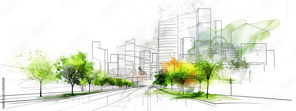 sketch of an isolated green buildings promoting walkability and clean ...