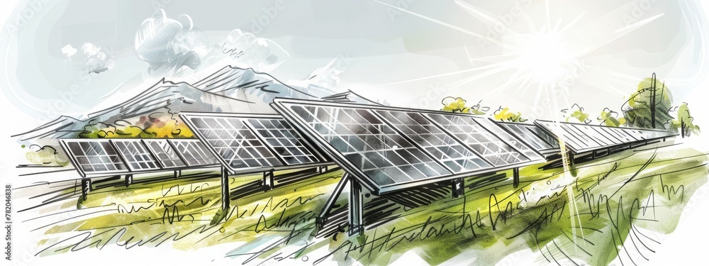 conceptual illustration of large scale solar panel farm project, with ...