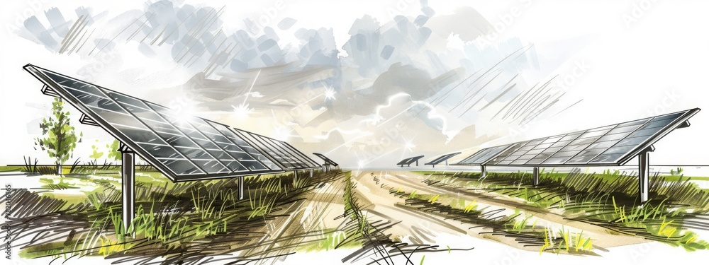 conceptual illustration of large scale solar panel farm project, with ...