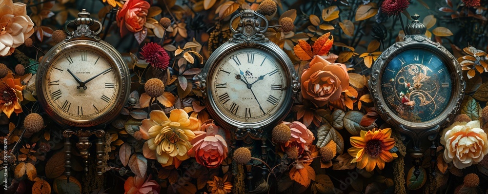 Bring to life the concept of clocks as art pieces in a high-angle view ...