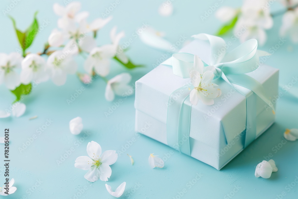 Small pale blue gift box with blue ribbon bow isolated on pastel blue ...