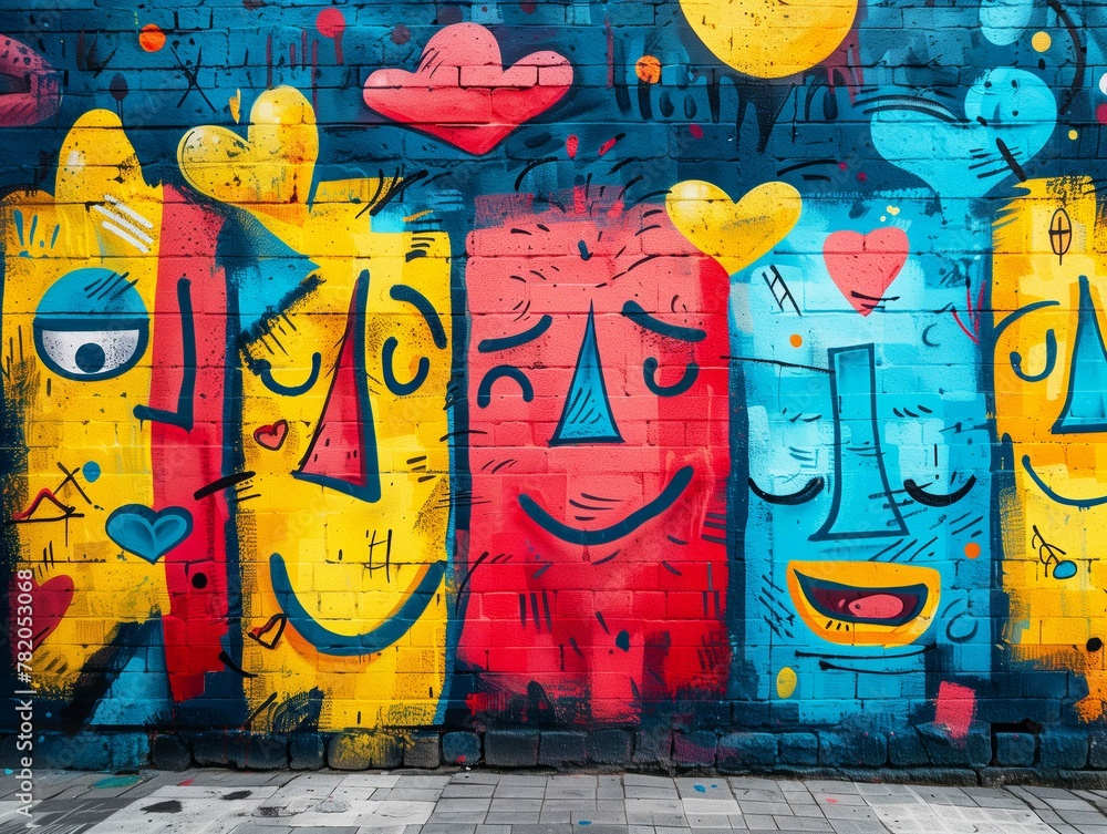 Emotional symbols graffiti mural, quirky background bricks wall, vivid ...