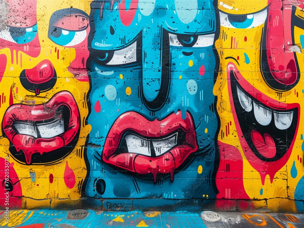 Emotional symbols graffiti mural, quirky background bricks wall, vivid ...