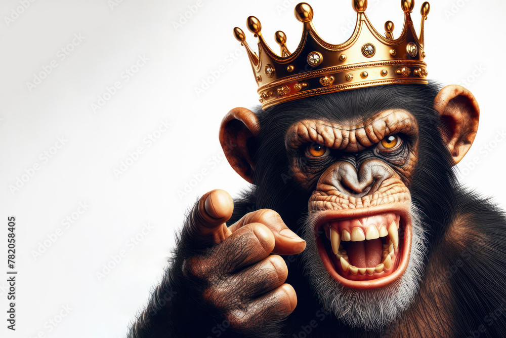 angry chimpanzee wear golden crown on his head on a white background ...