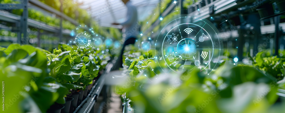 Futuristic farmer harvesting hydroponic plants in greenhouse using ...