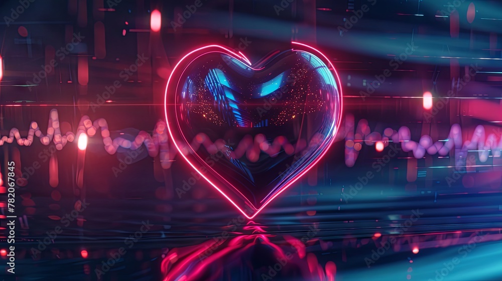 Neon heart on the background of a blurred screen with heart rate waves ...